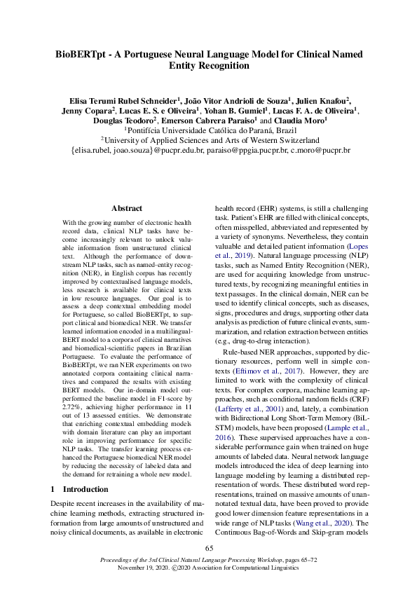 Pdf Biobertpt A Portuguese Neural Language Model For Clinical Named Entity Recognition