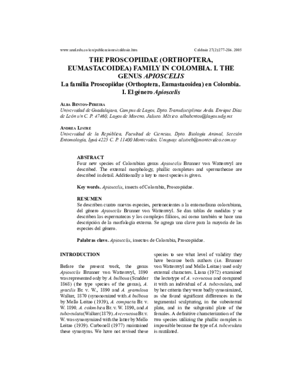 (PDF) The Proscopiidae (Orthoptera, Eumastacoidea) Family in Colombia ...