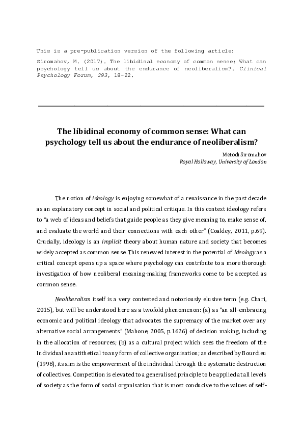 (PDF) The libidinal economy of common sense : What can psychology tell ...