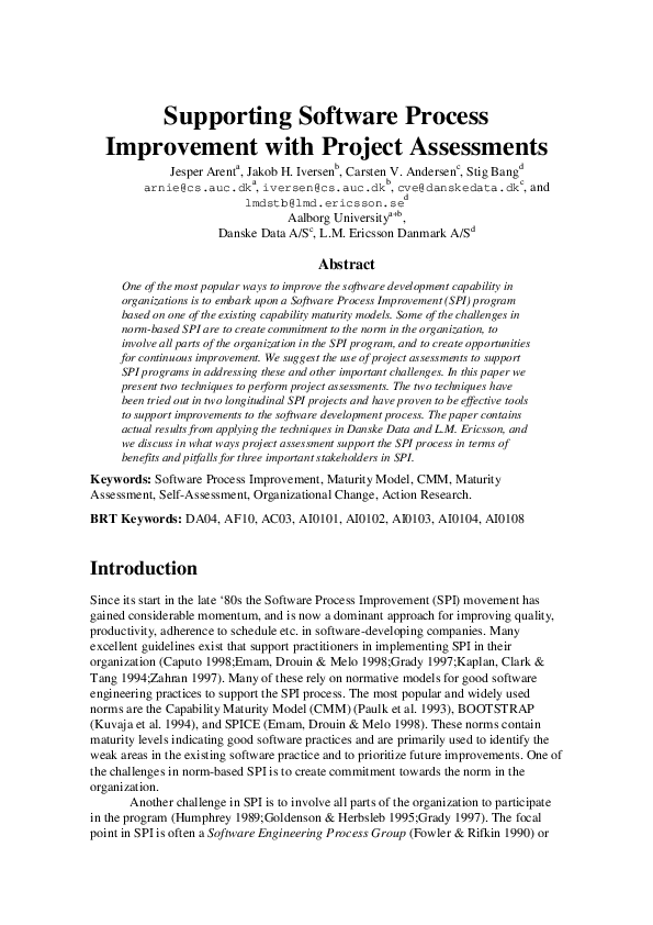 (PDF) Supporting Software Process Improvement with Project Assessments