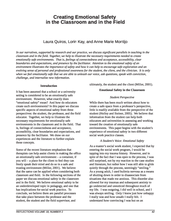 (PDF) Creating Emotional Safety in the Classroom and in the Field