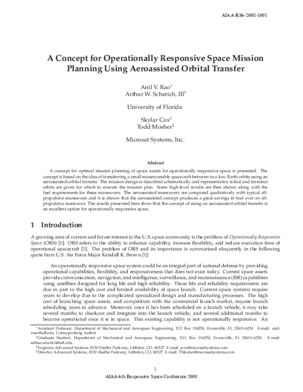 (PDF) A Concept for Operationally Responsive Space Mission Planning Using Aeroassisted Orbital ...