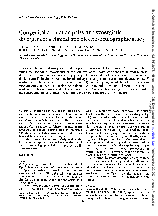 (PDF) Congenital adduction palsy and synergistic divergence: a clinical ...