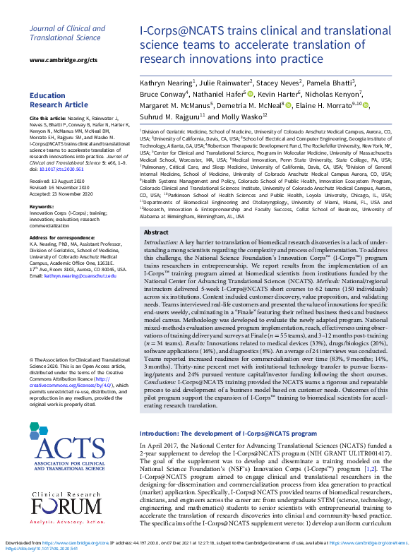 (PDF) I-Corps@NCATS trains clinical and translational science teams to ...
