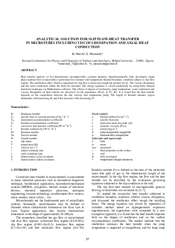 Pdf Analytical Solution For Slip Flow Heat Transfer In Microtubes