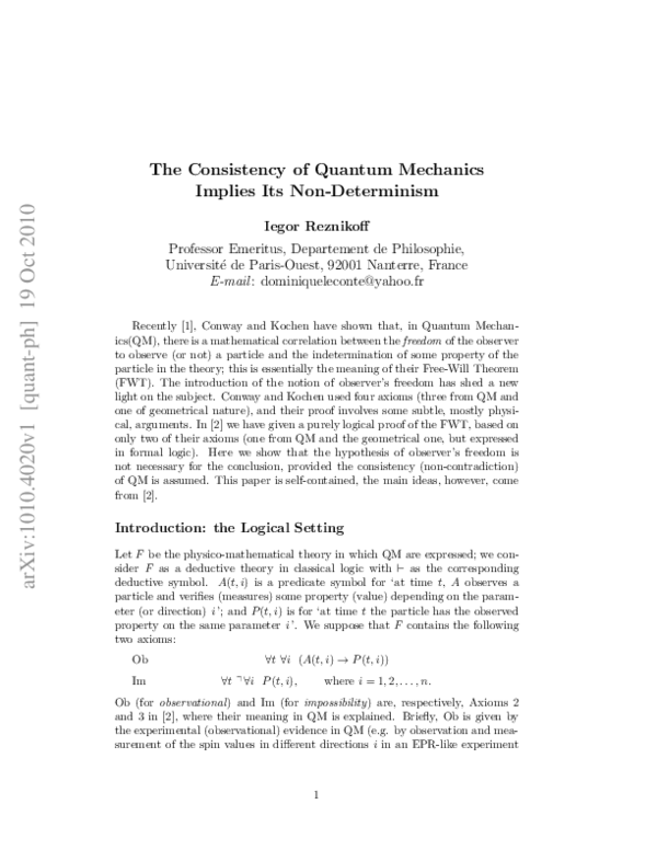 (PDF) The Consistency of Quantum Mechanics Implies its Non-Determinism