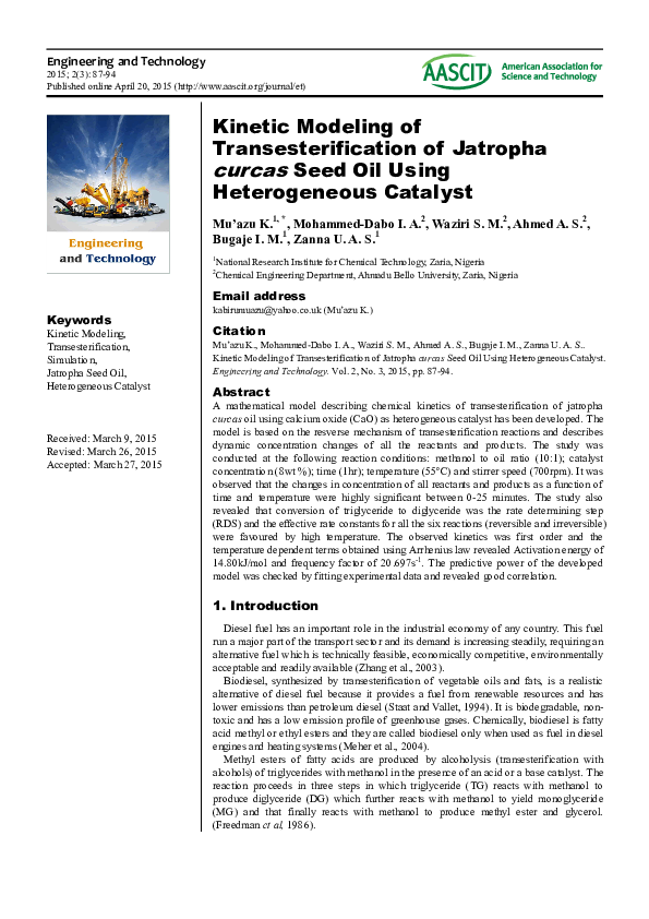 (PDF) Kinetic Modeling of Transesterification of Jatropha curcas Seed Oil Using Heterogeneous ...