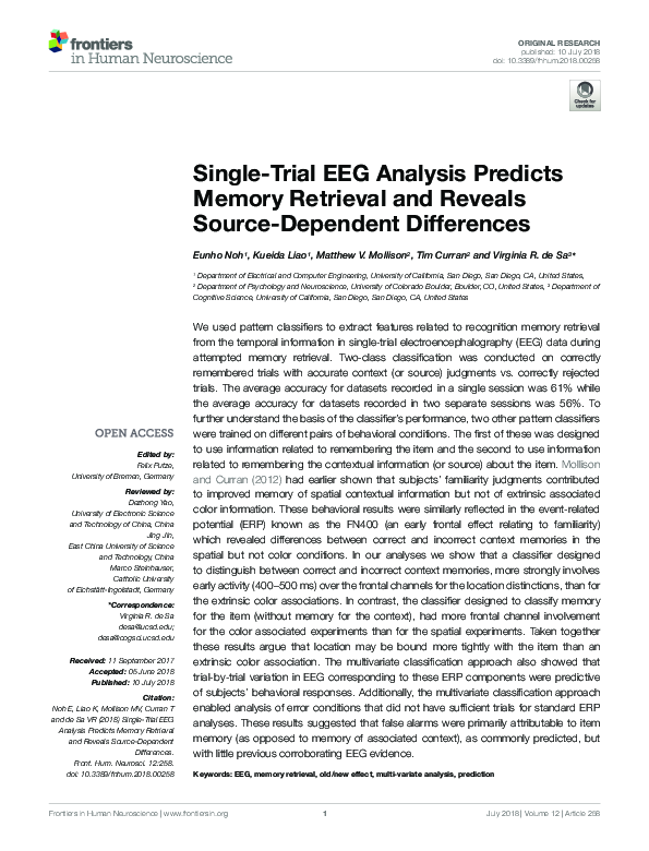 (PDF) Single-Trial EEG Analysis Predicts Memory Retrieval and Reveals Source-Dependent Differences