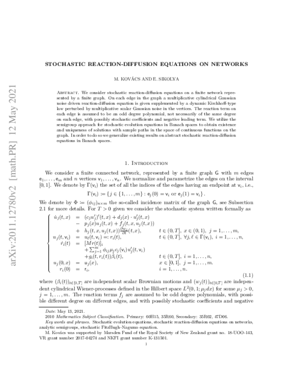 Pdf Stochastic Reaction Diffusion Equations On Networks Eszter