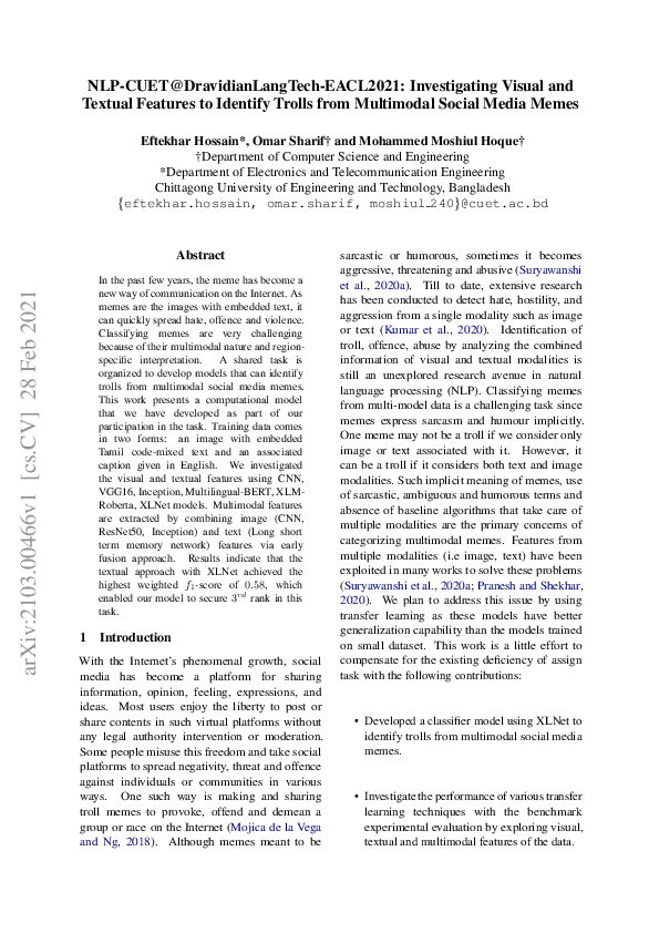 (PDF) NLP-CUET@DravidianLangTech-EACL2021: Investigating Visual and Textual Features to Identify ...