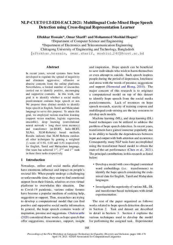 Pdf Nlp Cuetlt Edi Eacl2021 Multilingual Code Mixed Hope Speech Detection Using Cross