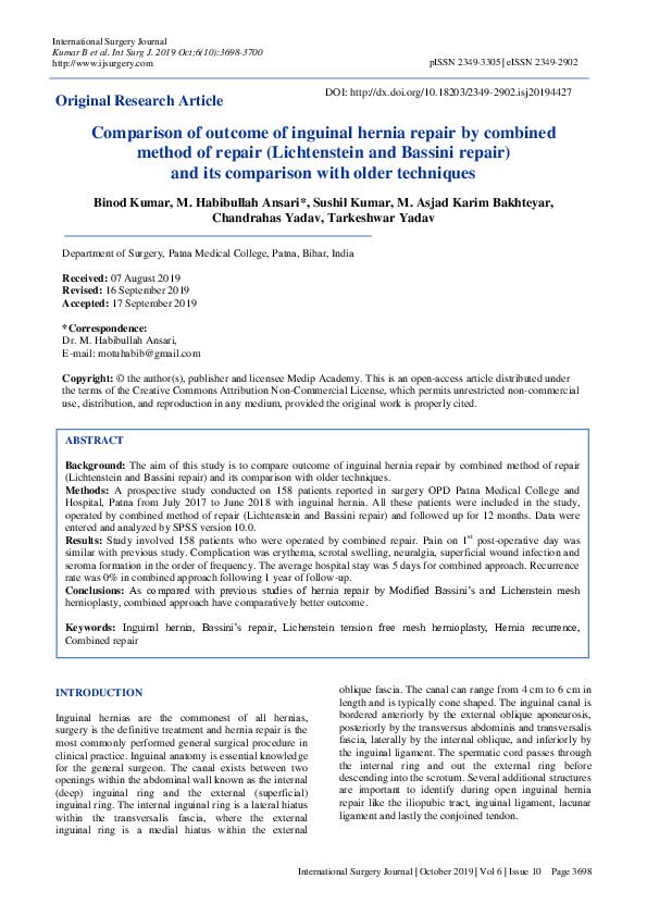 (PDF) Experience of Inguinal Hernia Repair in 230 Patients by ...