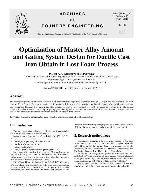 (PDF) Optimization of Master Alloy Amount and Gating System Design for Ductile Cast Iron Obtain ...