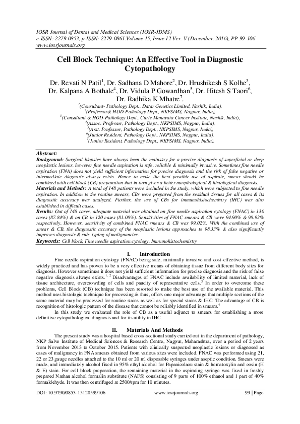 (PDF) Cell Block Technique: An Effective Tool in Diagnostic Cytopathology