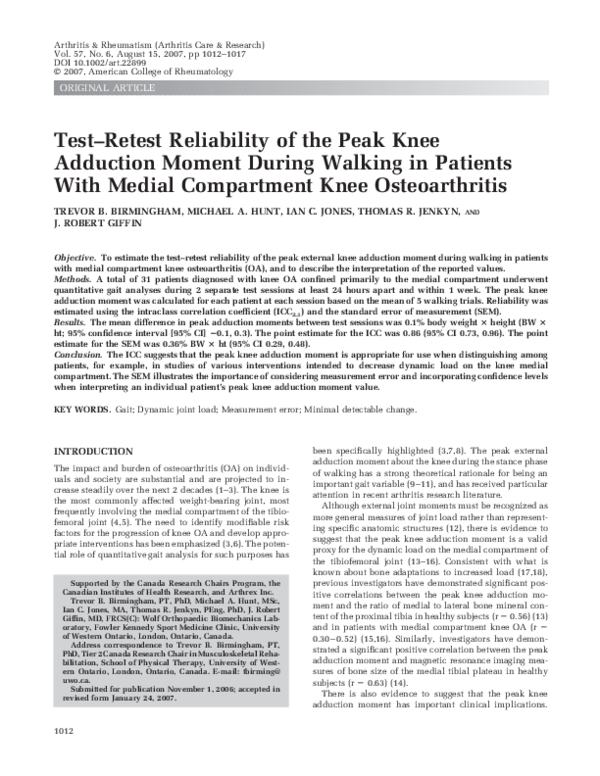 (PDF) Test–retest reliability of the peak knee adduction moment during ...