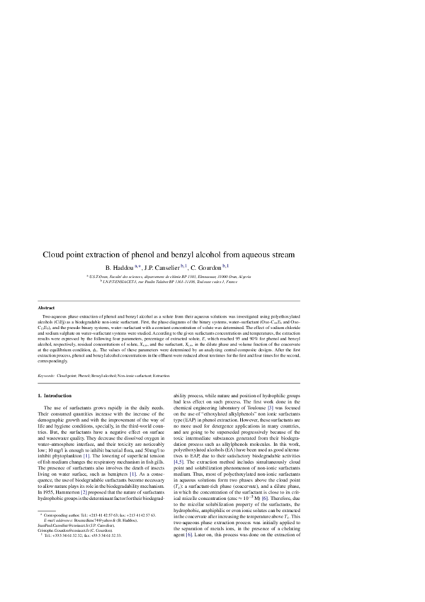 (PDF) Cloud point extraction of phenol and benzyl alcohol from aqueous stream