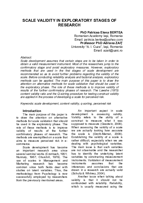 (PDF) Scale Validity In Exploratory Stages Of Research | Adriana Zait ...