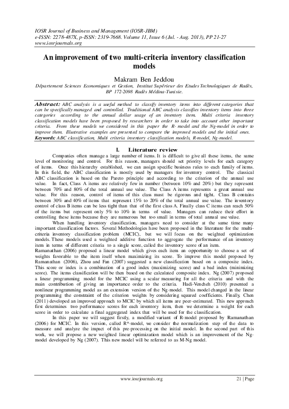 (PDF) An improvement of two multi-criteria inventory classification models