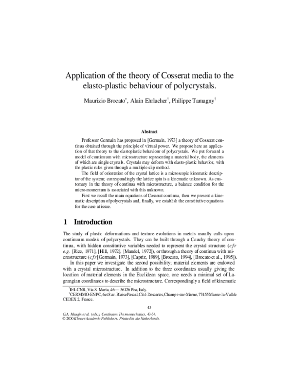 (PDF) Application of the theory of Cosserat media to the elasto-plastic behaviour of polycrystals