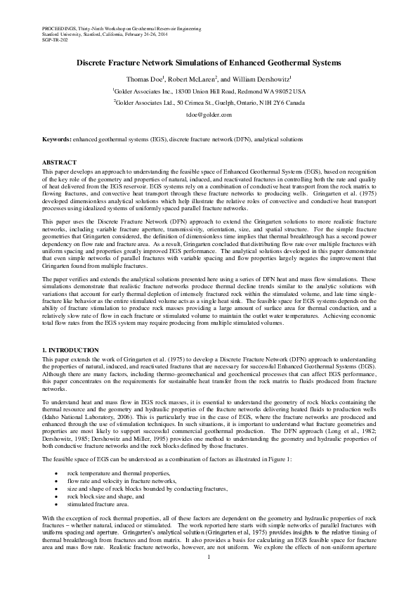 Pdf Discrete Fracture Network Simulations Of Enhanced Geothermal Systems