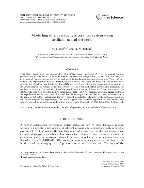 (PDF) Modelling of a cascade refrigeration system using artificial neural network