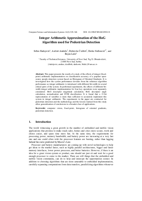 Pdf Integer Arithmetic Approximation Of The Hog Algorithm Used For