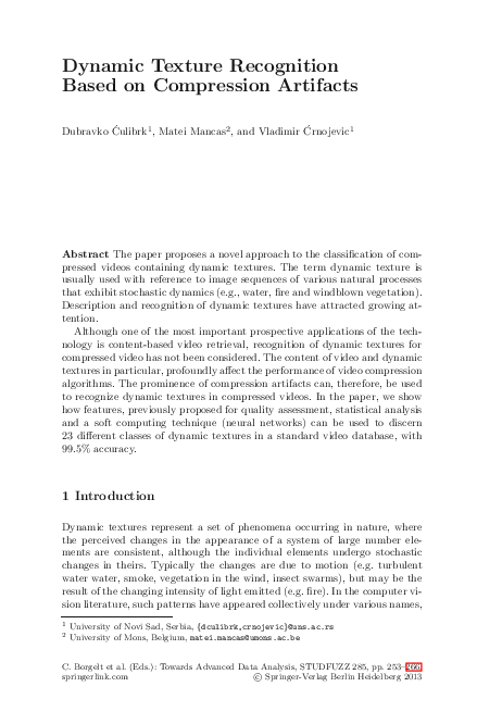 (PDF) Dynamic Texture Recognition Based on Compression Artifacts | Dubravko Culibrk - Academia.edu