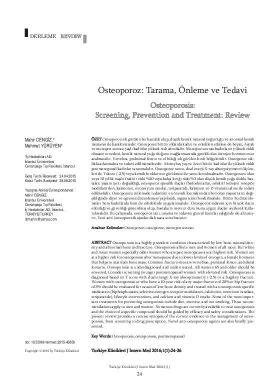 (PDF) Osteoporoz: Tarama, Önleme ve Tedavi