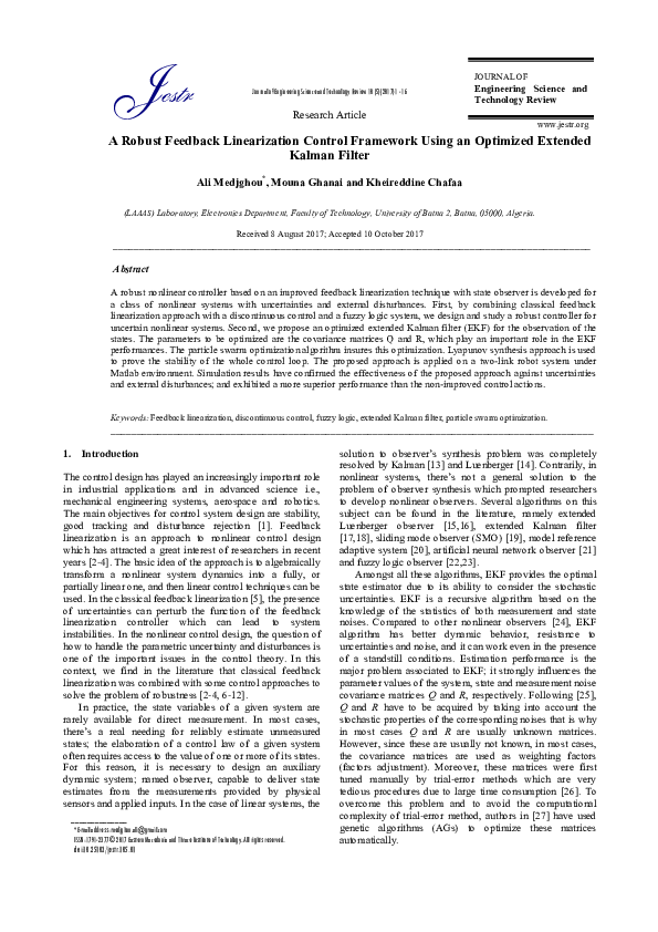 (PDF) A Robust Feedback Linearization Control Framework Using an Optimized Extended Kalman Filter
