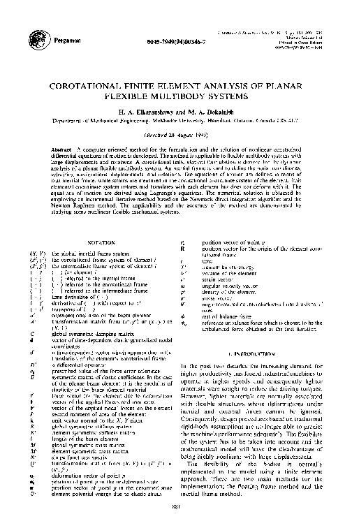 Pdf Corotational Finite Element Analysis Of Planar Flexible Multibody