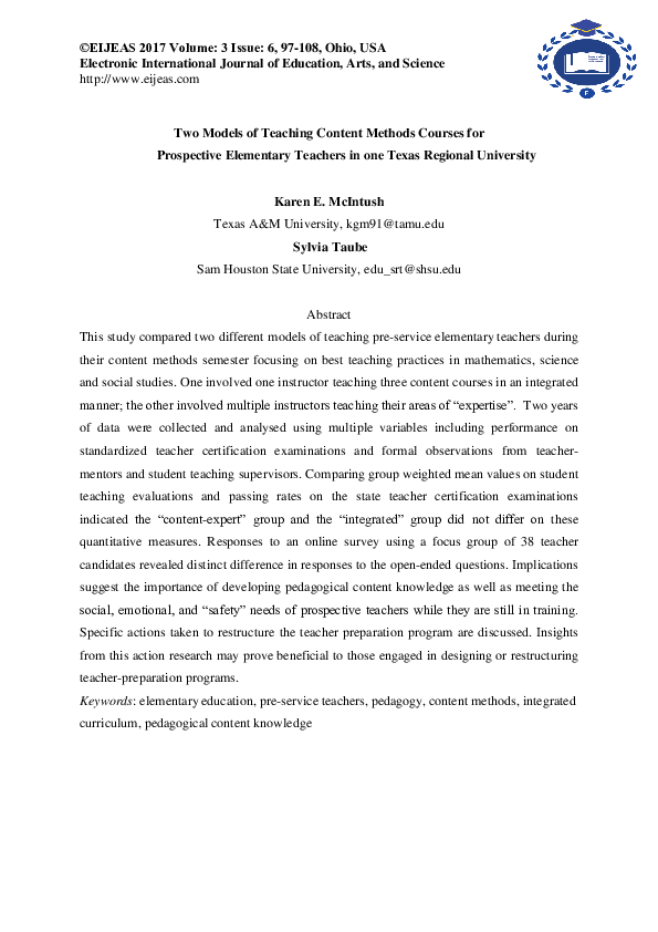 (PDF) Two Models of Teaching Content Methods Courses for Prospective ...