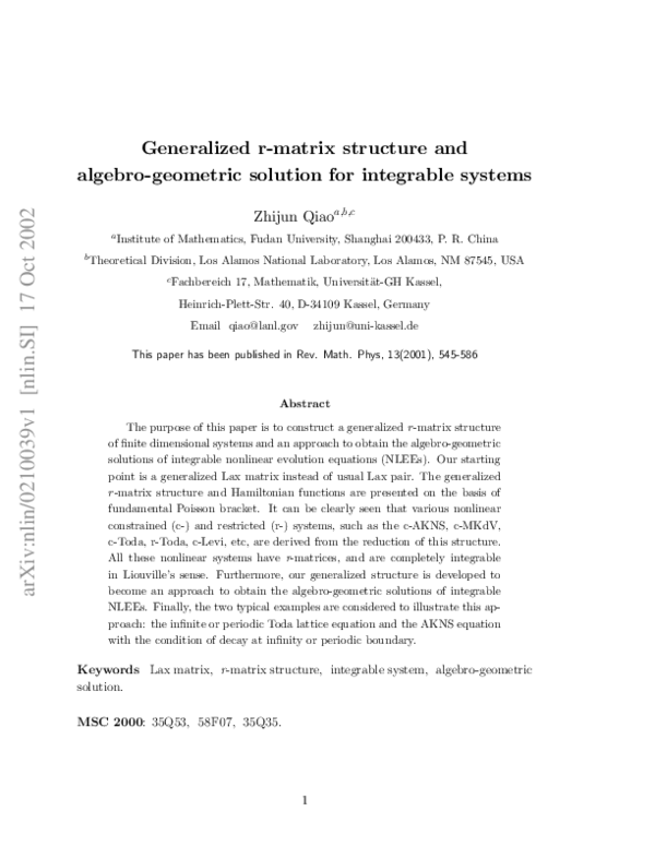 (PDF) O ct 2 00 2 Generalized r-matrix structure and algebro-geometric solution for integrable ...