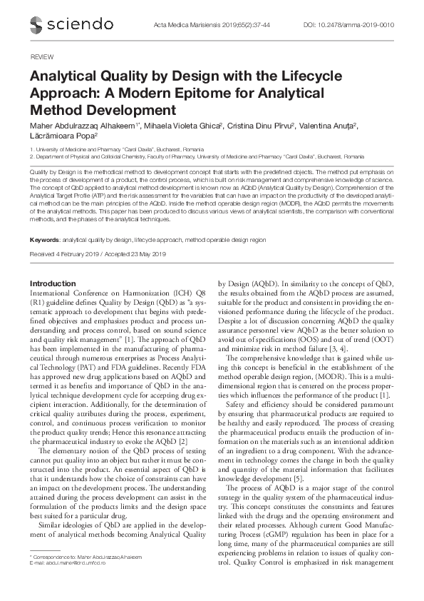 (PDF) Analytical Quality by Design with the Lifecycle Approach: A Modern Epitome for Analytical ...