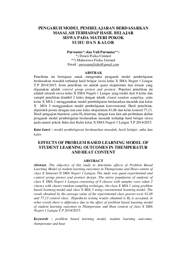 (PDF) Pengaruh Model Pembelajaran Berdasarkan Masalah Terhadap ...