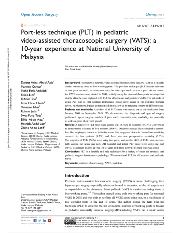 (PDF) Port-less technique (PLT) in pediatric video-assisted ...
