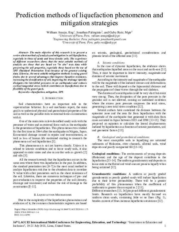 Pdf Prediction Methods Of Liquefaction Phenomenon And Mitigation Strategies