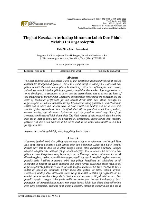 (PDF) Tingkat Kesukaan Terhadap Minuman Loloh Don Piduh Melalui Uji ...