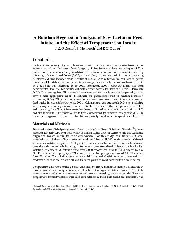 (PDF) A Random Regression Analysis of Sow Lactation Feed Intake and the Effect of Temperature on ...