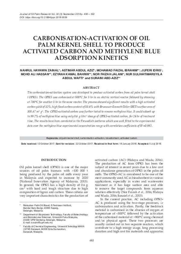 (PDF) Carbonisation-Activation of Oil Palm Kernel Shell to Produce ...