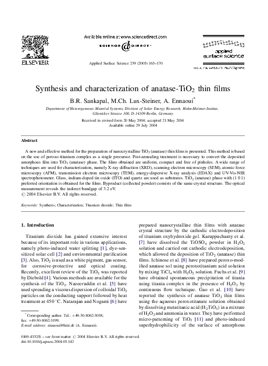 Pdf Synthesis And Characterization Of Anatase Tio2 Thin Films