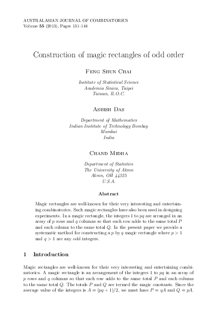 (PDF) Construction of magic rectangles of odd order