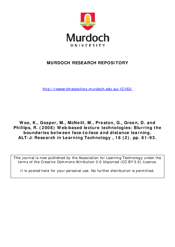 (PDF) Web-based lecture technologies: blurring the boundaries between face-to-face and distance ...
