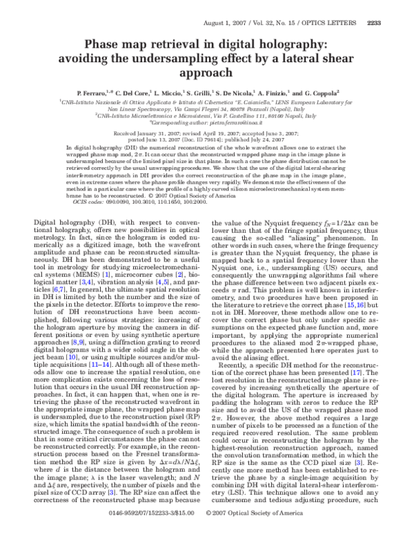 (PDF) Phase map retrieval in digital holography: avoiding the undersampling effect by a lateral ...