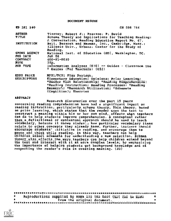 (PDF) Schema theory and implications for teaching reading: A conversation