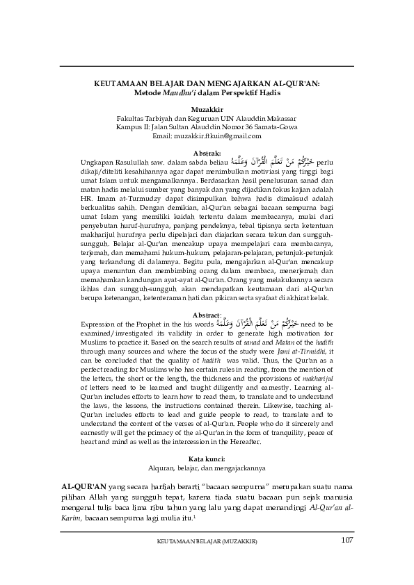 (PDF) KEUTAMAAN BELAJAR DAN MENGAJARKAN AL-QUR'AN: Metode Maudhu'i dalam Perspektif Hadis