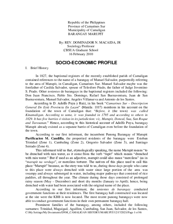 (PDF) PROFILE OF BARANGAY MARUPIT, CAMALIGAN, CAMARINES SUR