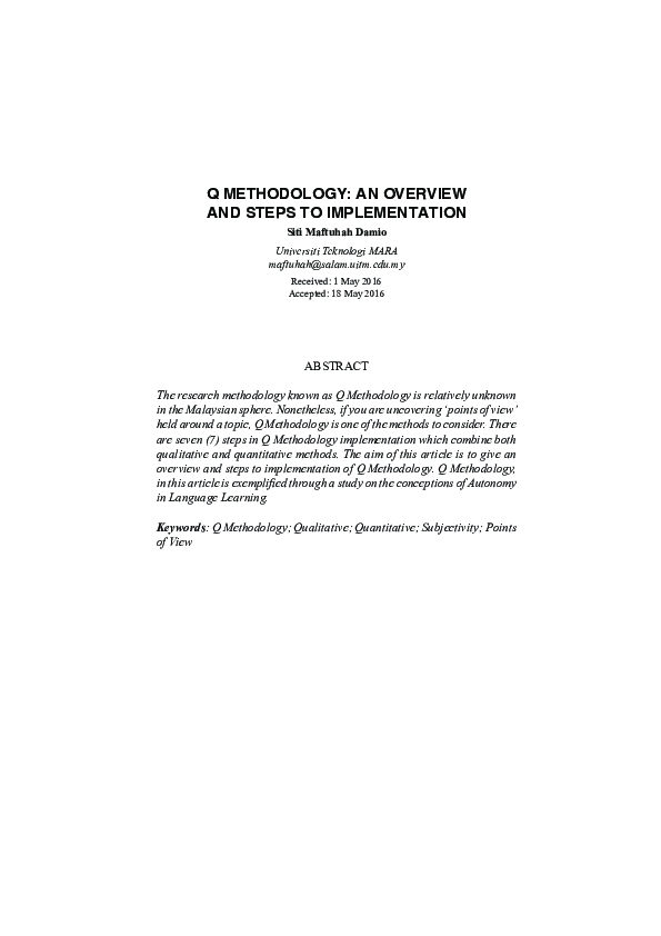 (PDF) Q Methodology: An Overview and Steps to Implementation