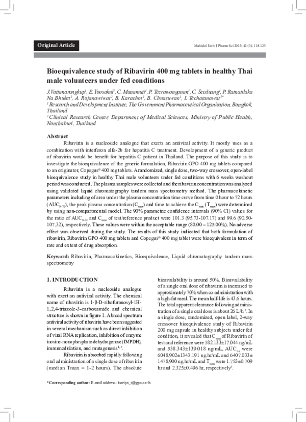 (PDF) Bioequivalence study of Ribavirin 400 mg tablets in healthy Thai ...