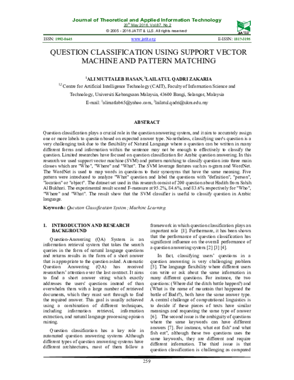 (PDF) Question classification using support vector machine and pattern matching
