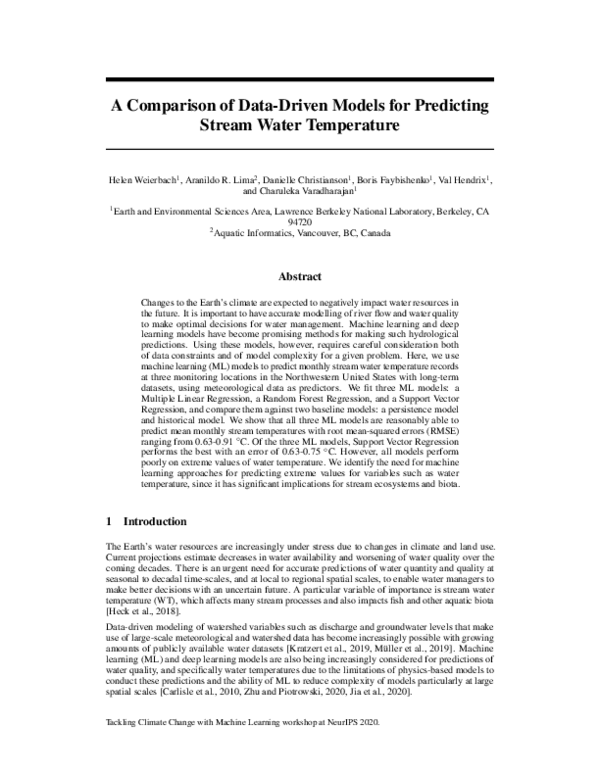 Pdf A Comparison Of Data Driven Models For Predicting Stream Water Temperature